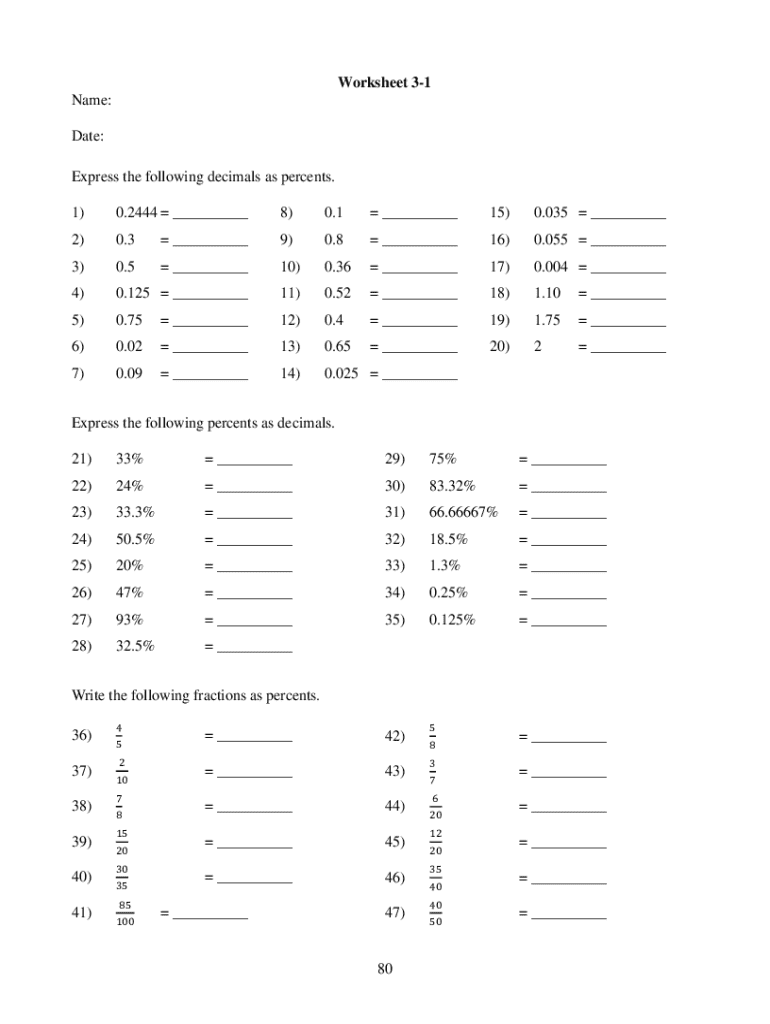 Fillable Online Converting Percents Decimals Fractions Worksheet.pdf ...