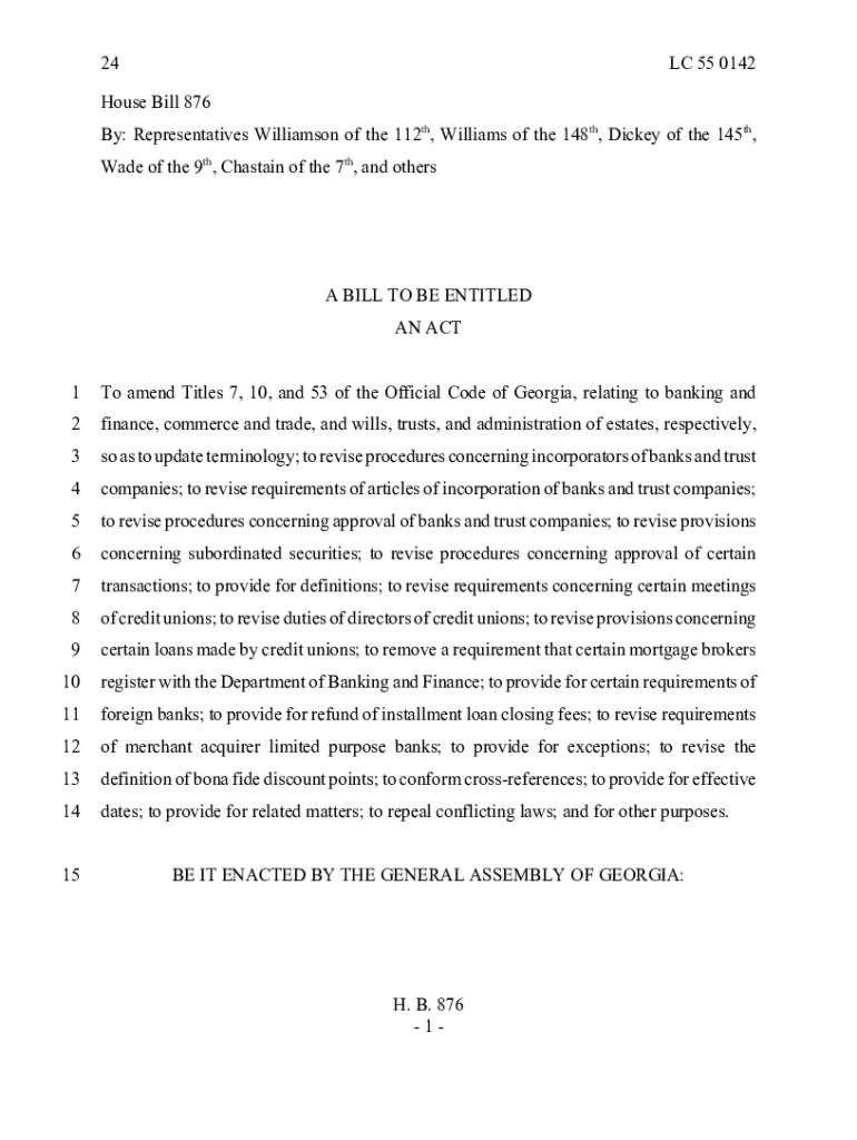 Fillable Online 24 LC 55 0142 House Bill 876 By: Representatives ...