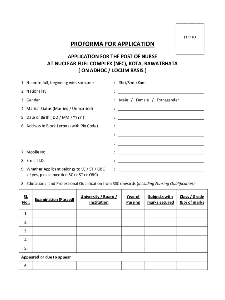 Fillable Online Proforma of Application for Nurse NFC, Kota Fax Email ...