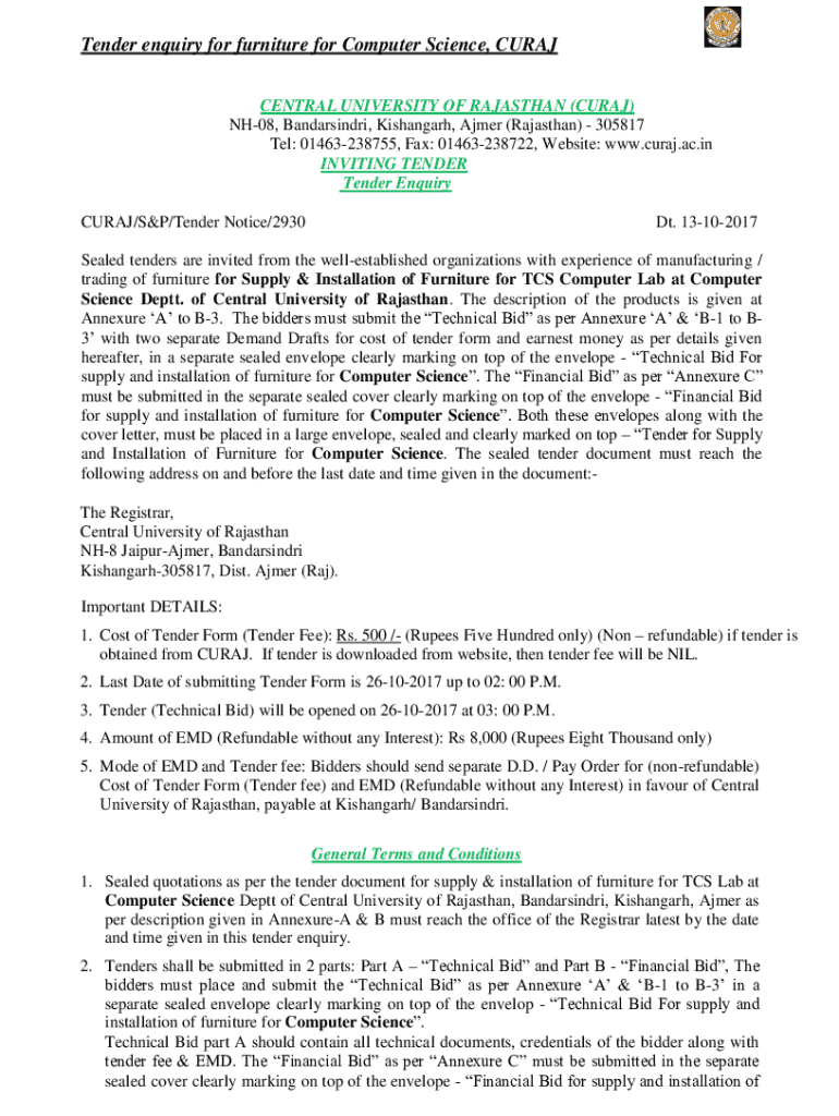 Fillable Online Tender enquiry for furniture for Computer Science ...