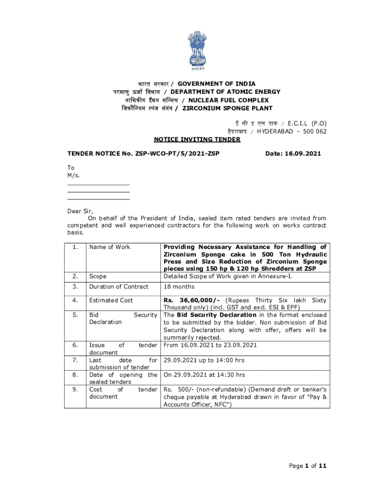 Fillable Online Zirconium Sponge Plant Draft NOTICE INVITING TENDER Fax ...