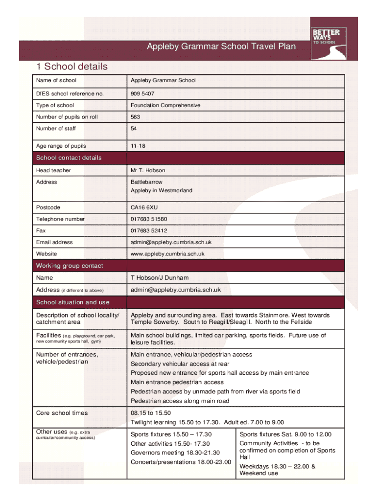 Fillable Online Appleby Grammar School Travel Plan Doc Template Fax ...