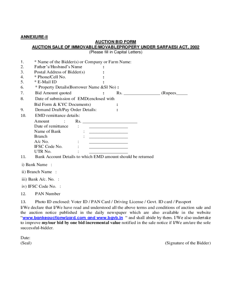 Fillable Online Annexure-Ii Auction Bid Form Auction Sale of Immovable ...