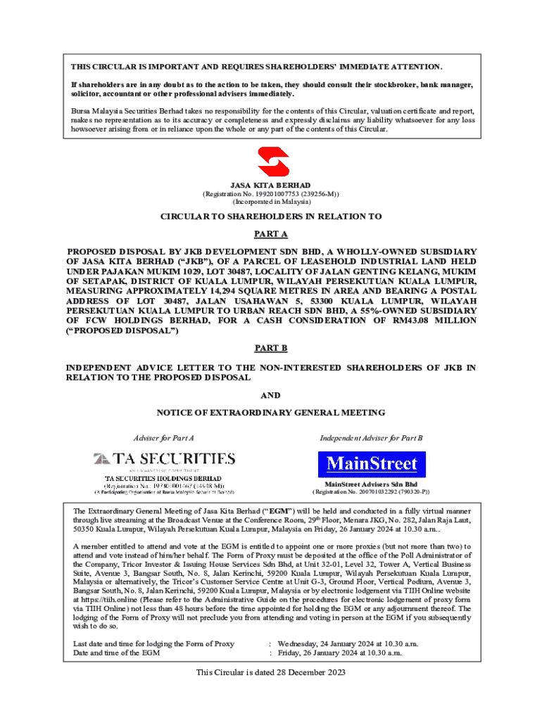 Fillable Online CIRCULAR TO SHAREHOLDERS IN RELATION TO PART A ... Fax Email Print - pdfFiller