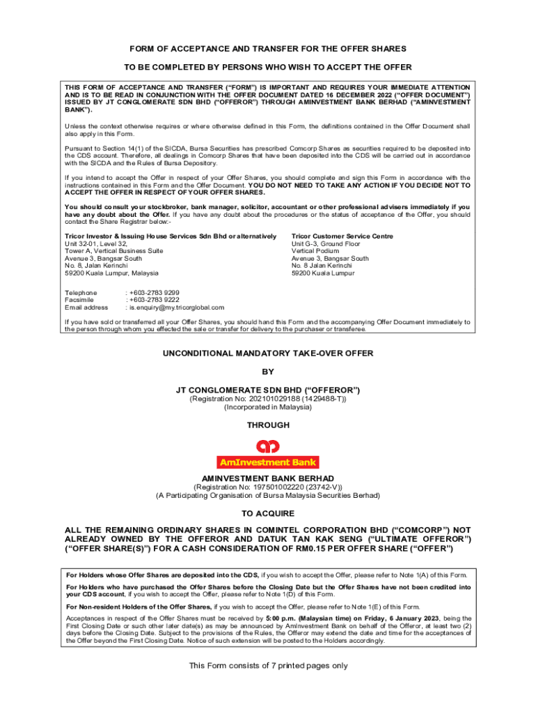 Fillable Online THIS FORM OF ACCEPTANCE AND TRANSFER (FORM) IS ...