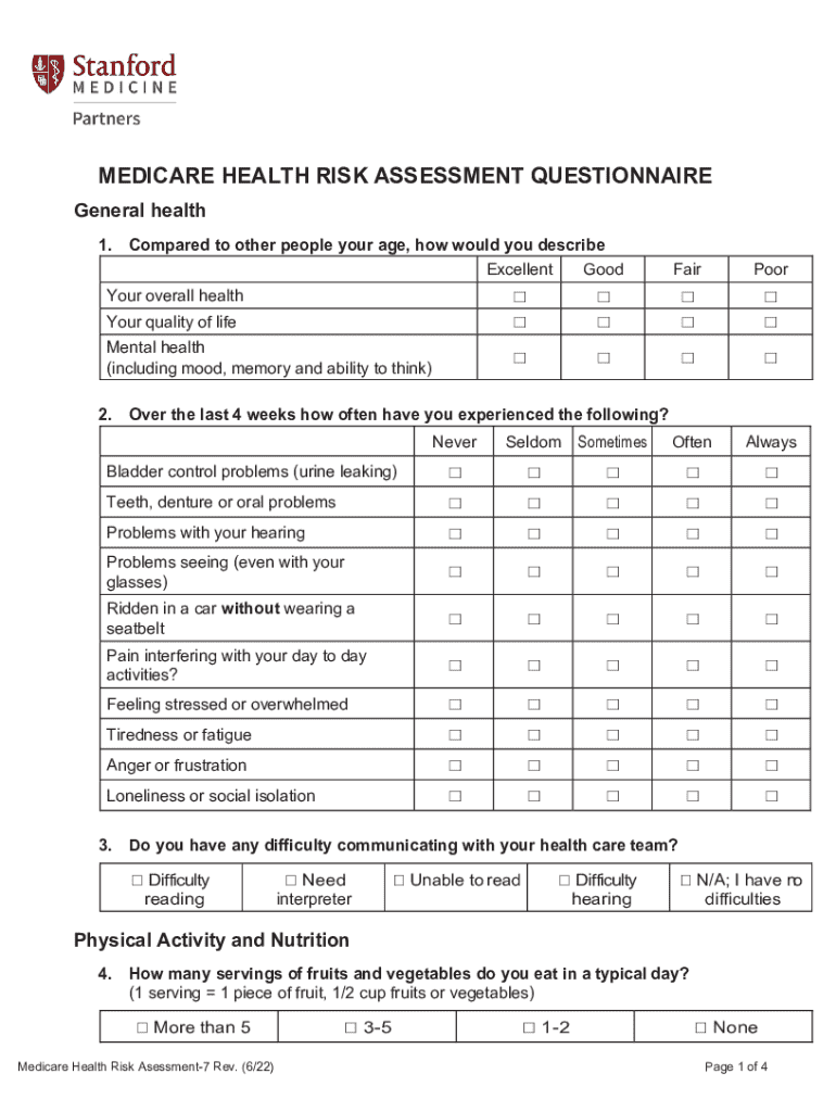 Fillable Online medicare health risk assessment questionnaire Fax Email ...
