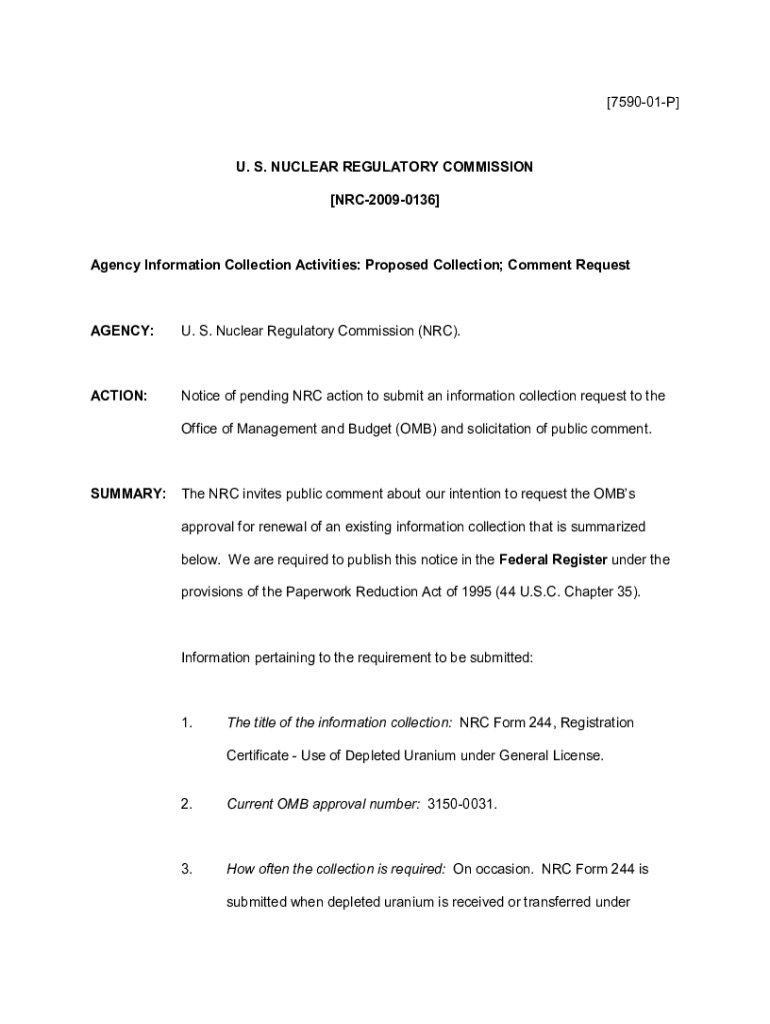 Fillable Online Draft FRN - NRC Form 244 - Registration Certificate ...