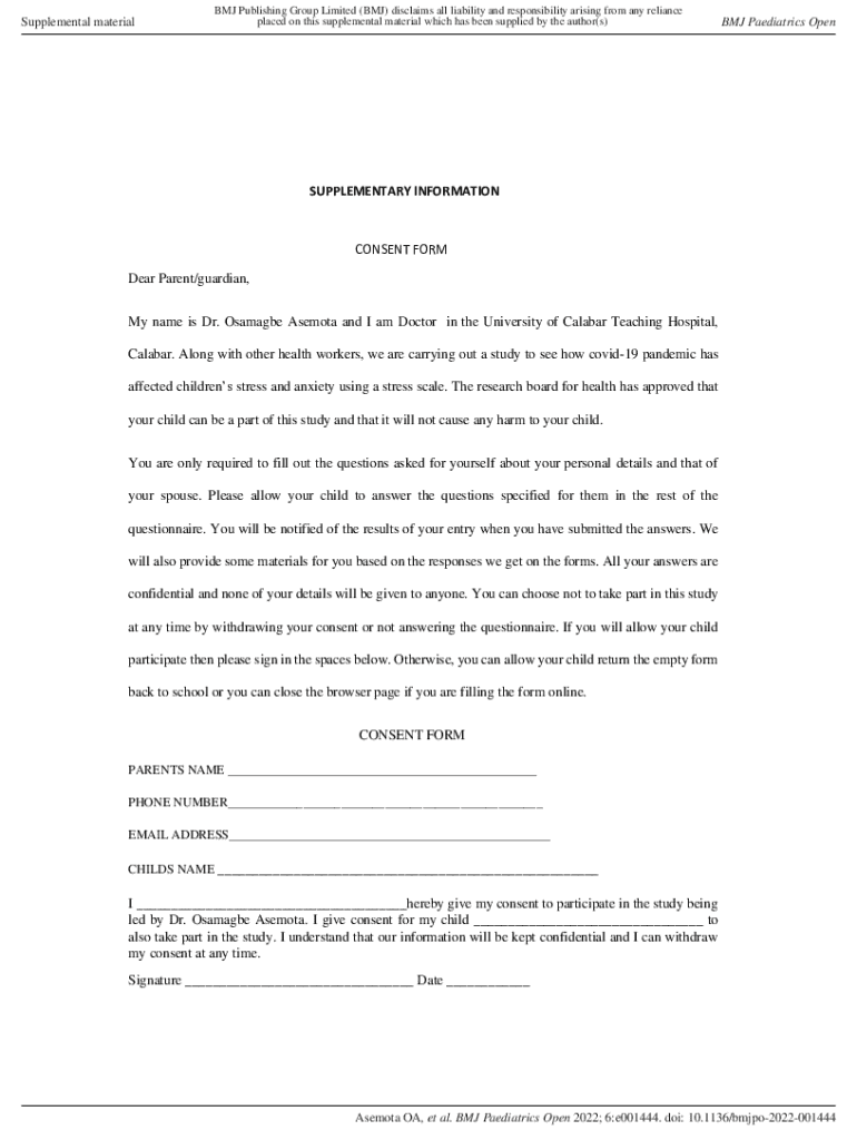 Fillable Online SUPPLEMENTARY INFORMATION CONSENT FORM Dear Parent ... Fax Email Print - pdfFiller