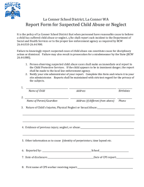 Fillable Online Report Form for Suspected Child Abuse or Neglect Fax ...