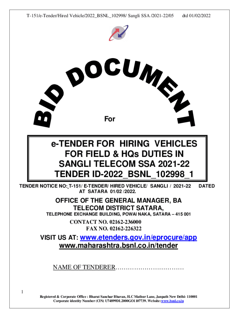 Fillable Online Tender for Hiring Vehicles for Field & HQs Duties in ...