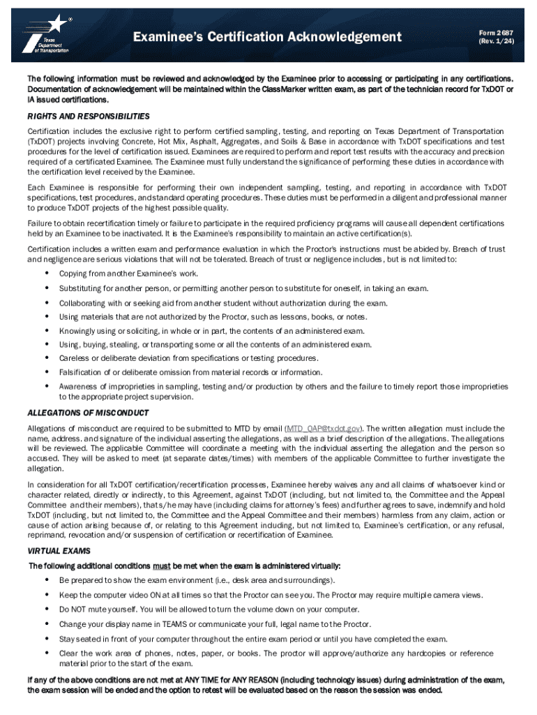 Fillable Online ftp txdot Examinee's Certification Acknowledgement. Form 2687, Revised 1/24 Fax ...