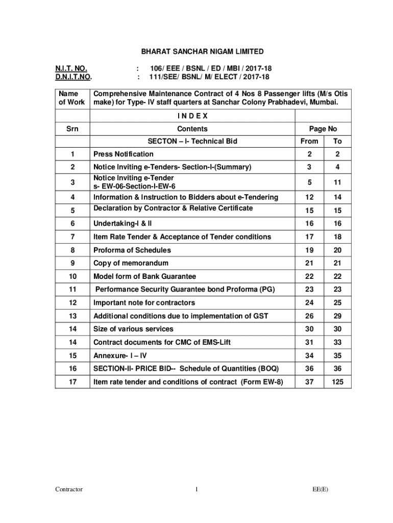 Fillable Online BHARAT SANCHAR NIGAM LIMITED N.I.T. NO. : 106 Fax Email ...
