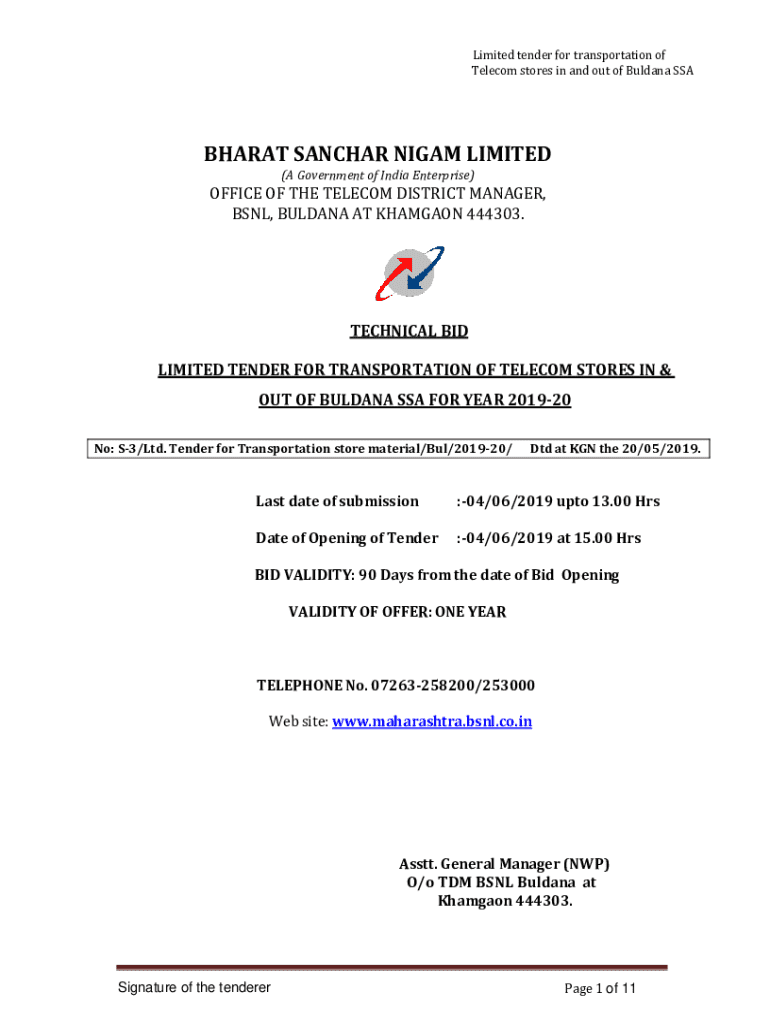 Fillable Online E-TENDER FOR 'Transportation of Telecom material for ...