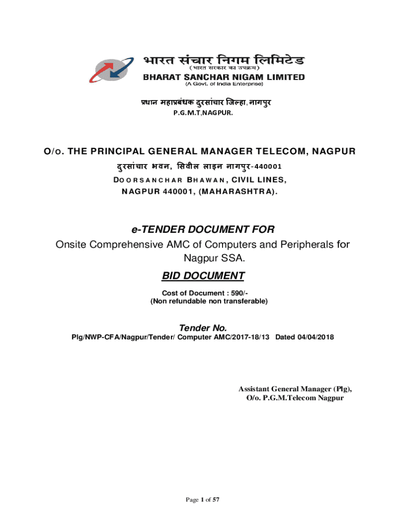 Fillable Online e-TENDER DOCUMENT FOR Onsite Comprehensive AMC of ...