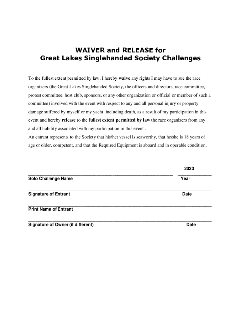 Fillable Online WAIVER and RELEASE for Great Lakes Singlehanded ... Fax Email Print - pdfFiller