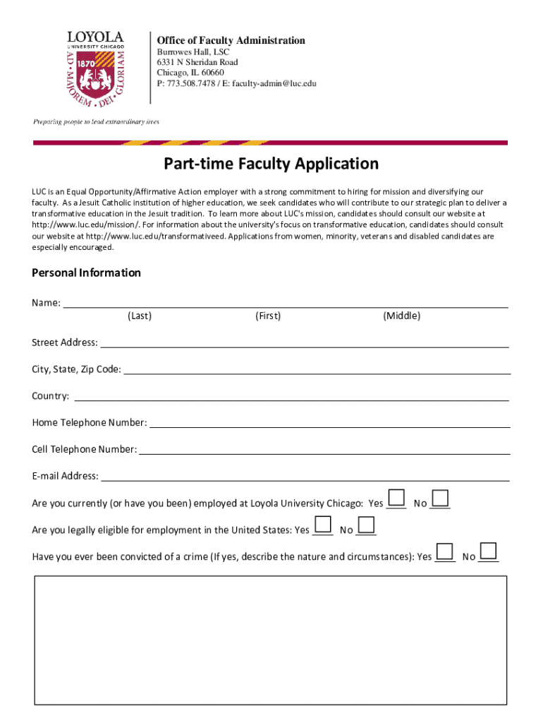 Fillable Online Part-Time Faculty Application - Chicago Fax Email Print ...