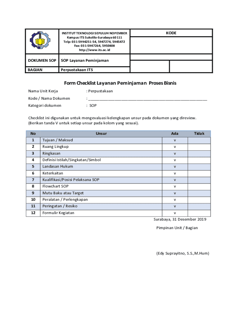 Fillable Online Form Checklist Layanan Peminjaman Proses Bisnis Fax Email Print - pdfFiller