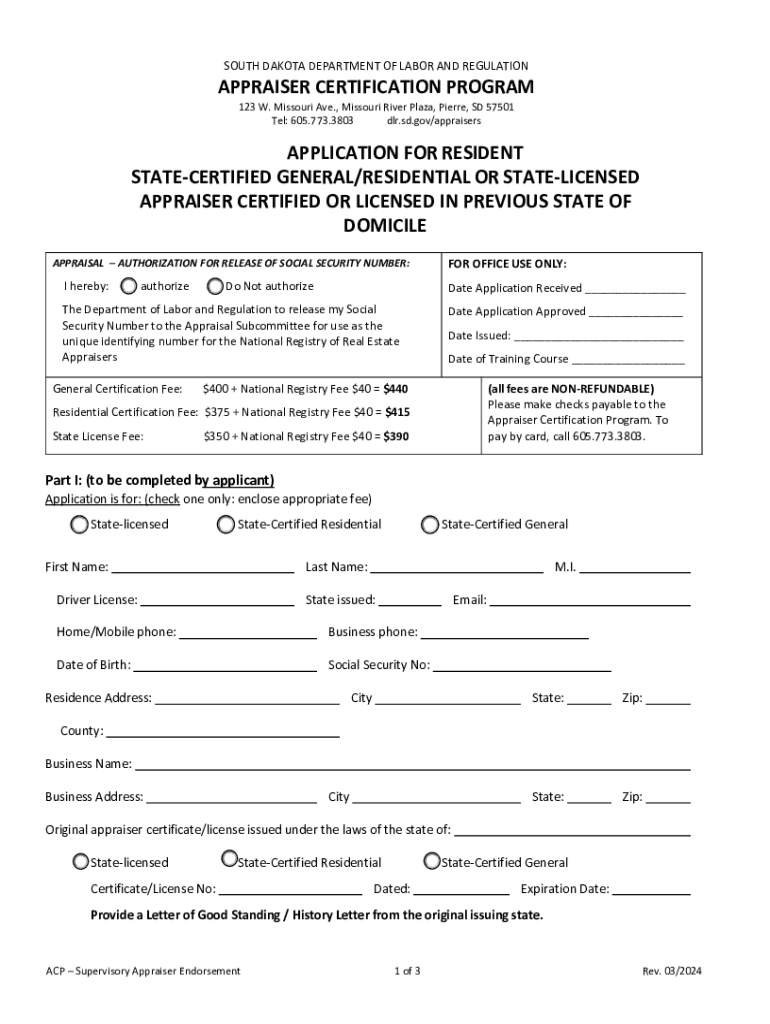 Fillable Online dlr sd application to register supervisory appraiser endorsement Fax Email Print ...