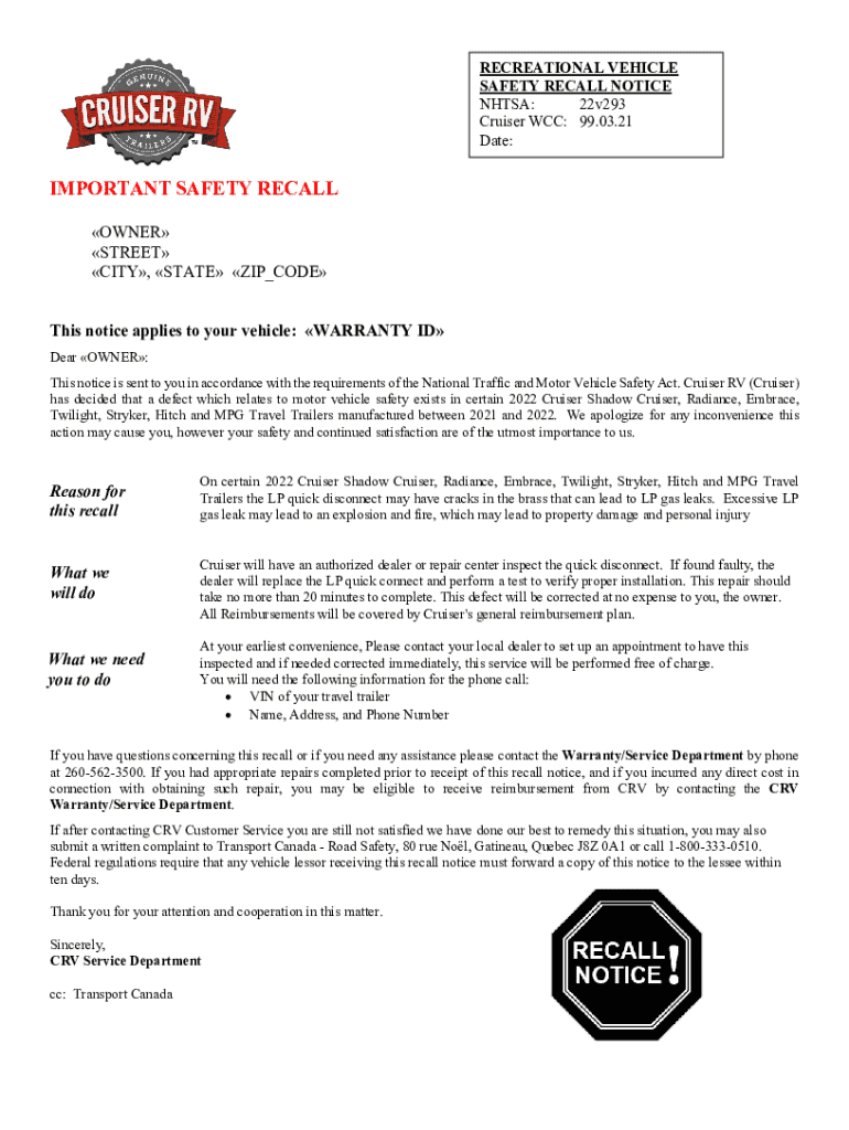 Fillable Online IMPORTANT SAFETY RECALL - OWNER Fax Email Print - pdfFiller