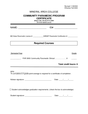 Fillable Online Community Paramedic Program CERTIFICATE (Major Code Fax ...