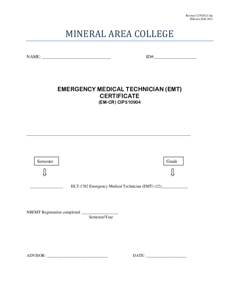 Fillable Online Emergency Medical Technician - EMT Certificate Training ...