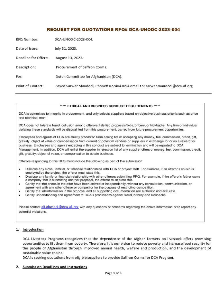Fillable Online REQUEST FOR QUOTATIONS RFQ# DCA-UNODC-2023- ... Fax Email Print - pdfFiller
