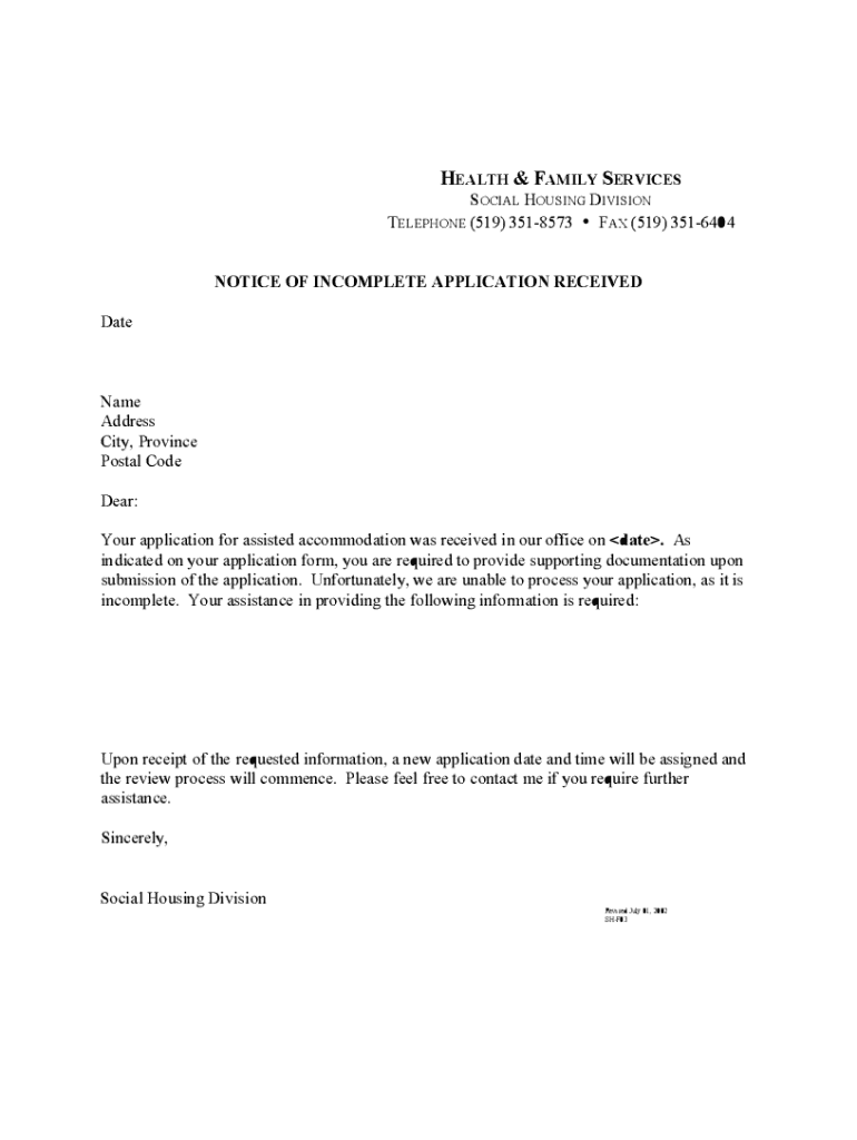 Fillable Online Notice of Incomplete Application Received Fax Email ...