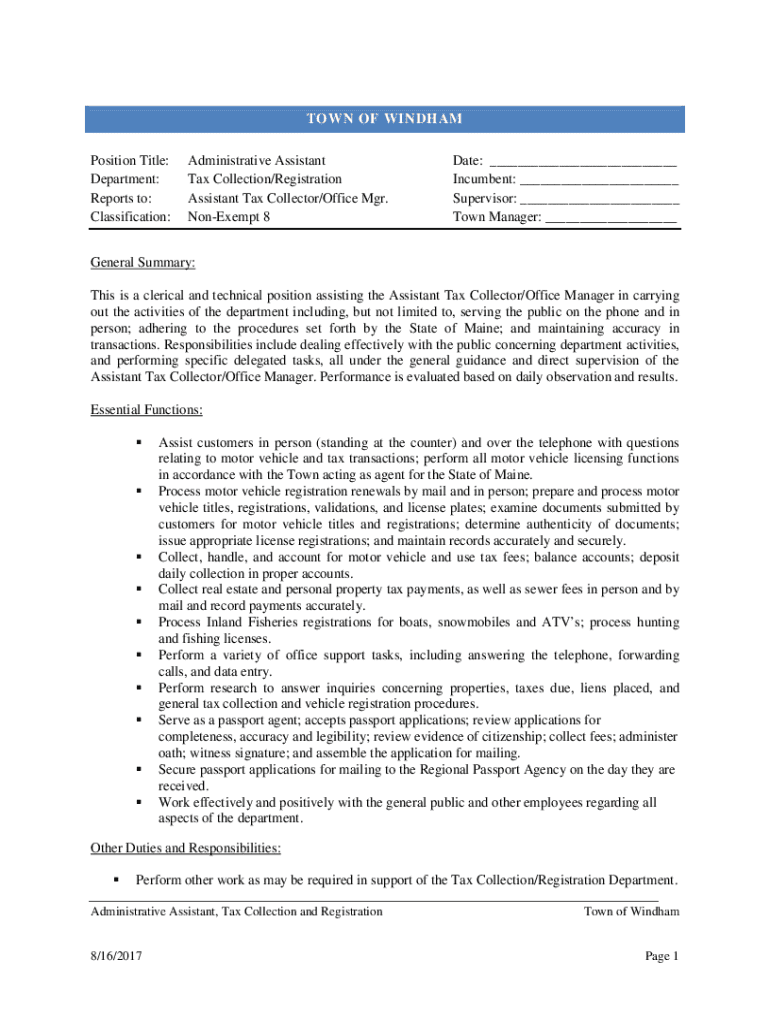 Fillable Online Administrative Assistant, Tax Collection and ...