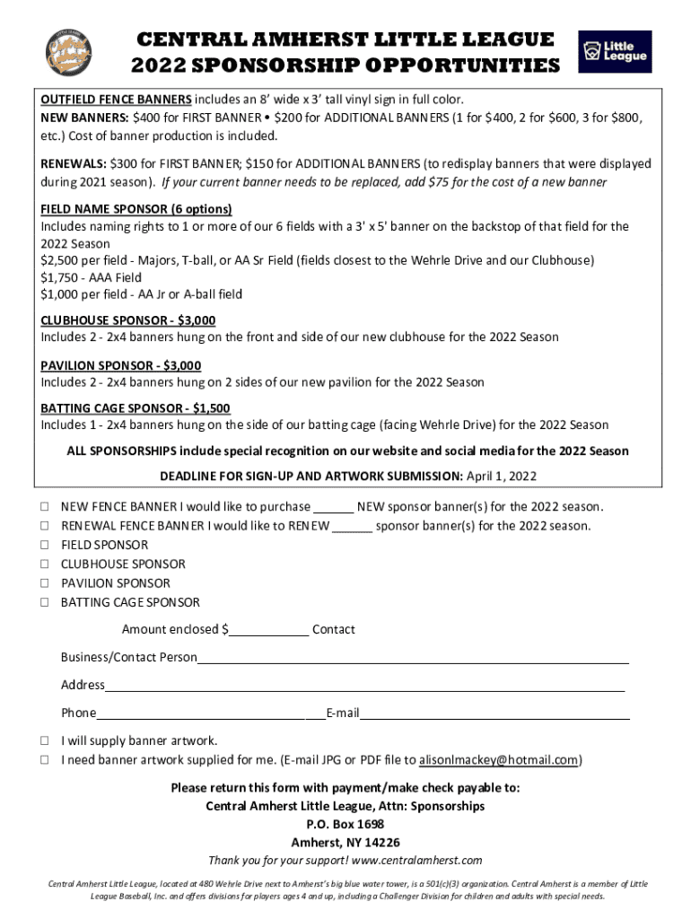 Fillable Online Last call to be a sponsor... - Central Amherst Little ...