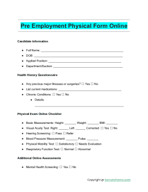 Fillable Online Pre Employment Physical Form Online Fax Email Print ...