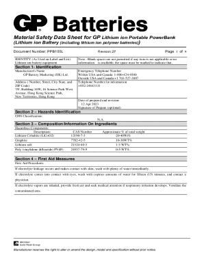 Fillable Online Material Safety Data Sheet for GP Lithium ion Portable ...