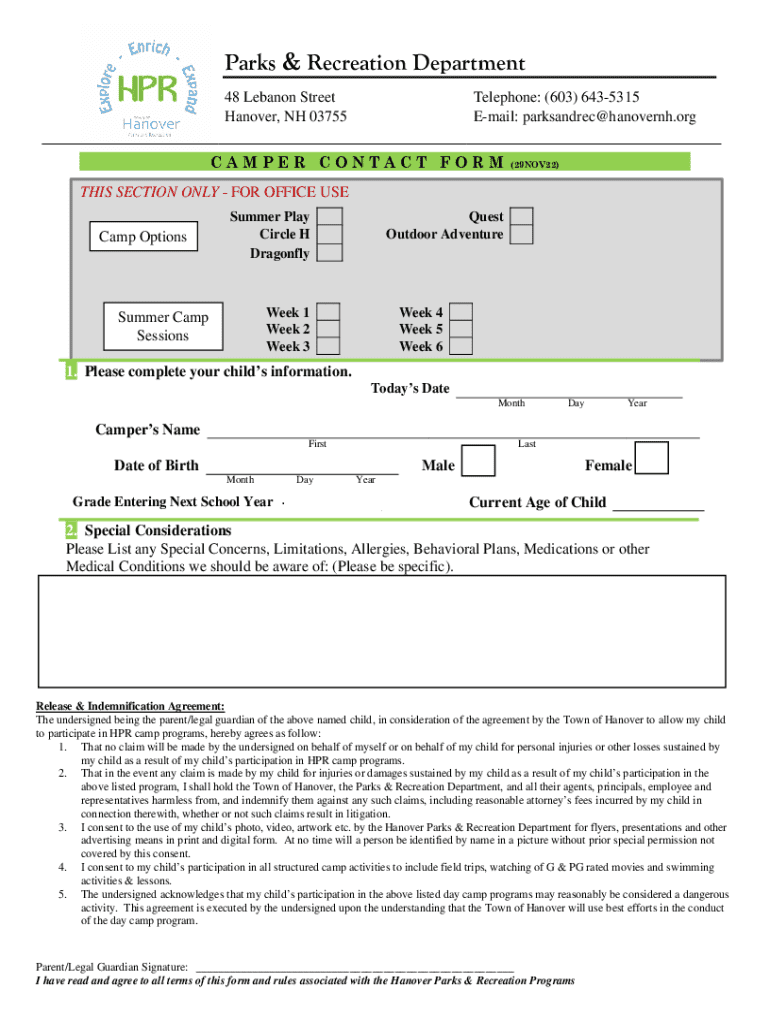 Fillable Online Camper Contact Form Fax Email Print - pdfFiller
