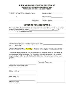 Fillable Online IN THE MUNICIPAL COURT OF EMPORIA, KS MOTION TO ... Fax ...