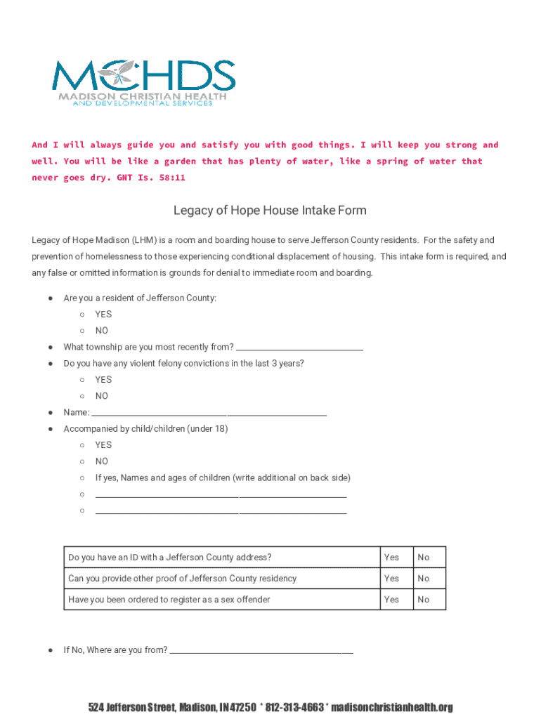Fillable Online Legacy of Hope House Intake Form Fax Email Print ...