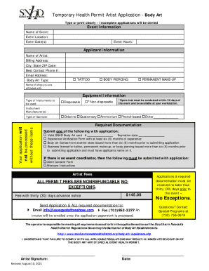 Fillable Online Fillable Online Temporary Health Permit Artist ...