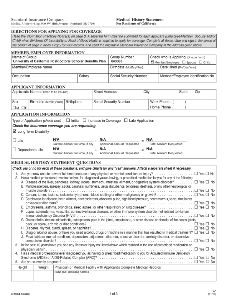 Fillable Online Fillable Online Medical History Statement Standard ...