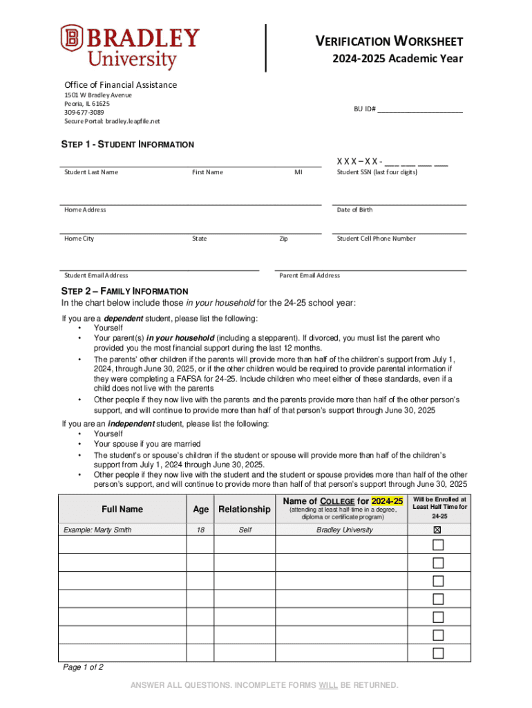 Fillable Online VERIFICATION WORKSHEET 2024-2025 Academic Year Fax Email Print - pdfFiller