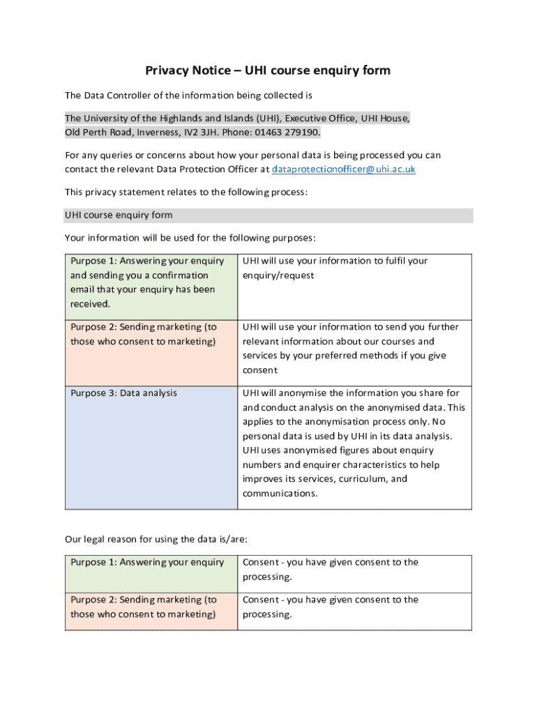 Fillable Online Privacy Notice - UHI course enquiry form Fax Email ...