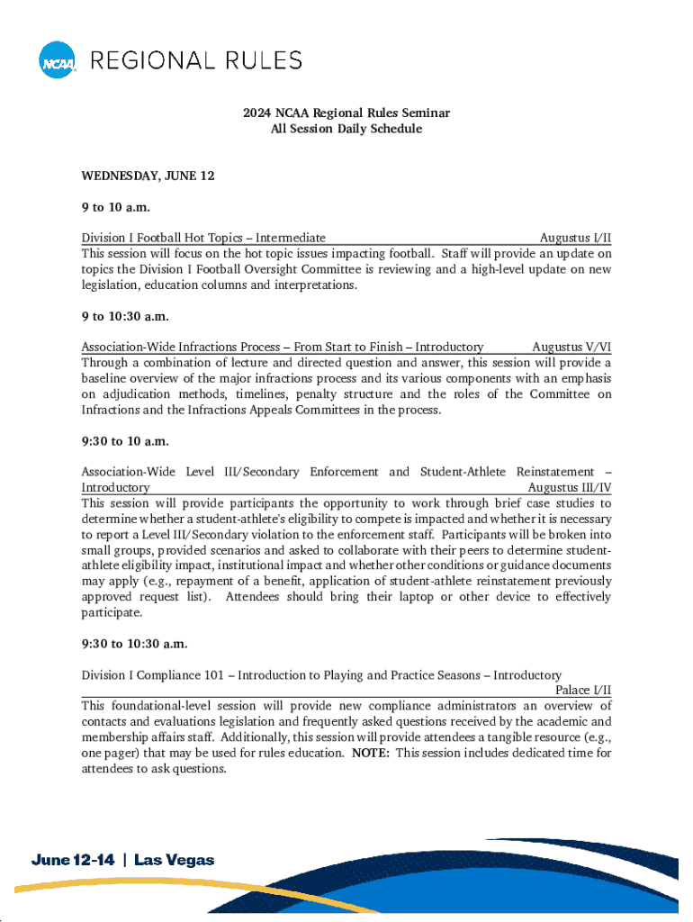 Fillable Online v 2024 NCAA Regional Rules Seminar All Session Daily Schedule ... Fax Email ...