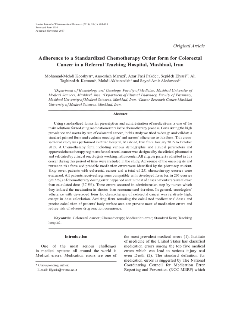 Fillable Online Adherence to a Standardized Chemotherapy Order form for ...
