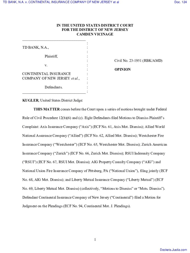 Fillable Online TD Bank, N.A. v. Continental Insurance Company Of New ...