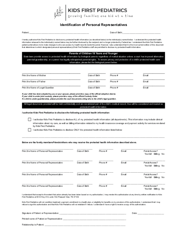 Fillable Online Kids First Pediatrics Identification of Personal ...