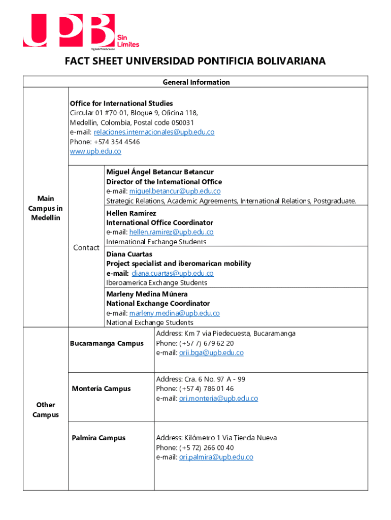 Fillable Online webdocs uni Fact Sheet UPB EspaOol.pdf - Informacin para Movilidad... Fax Email ...