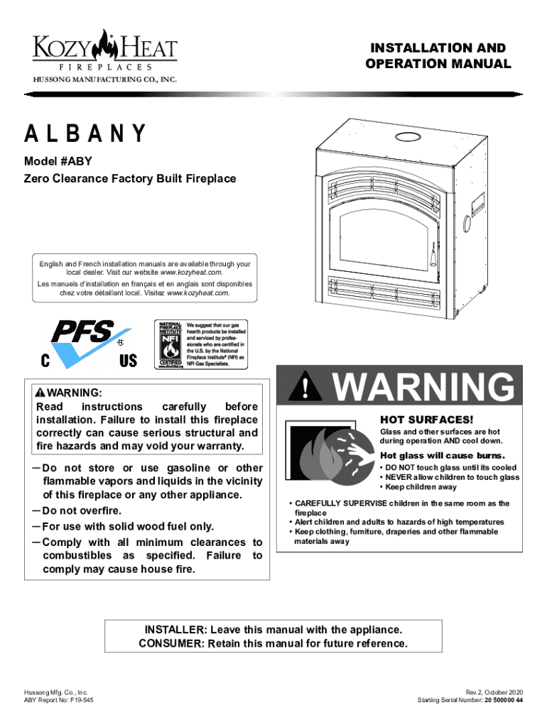 Fillable Online kozy heat ALBANY Installation And Operation Manual Fax ...