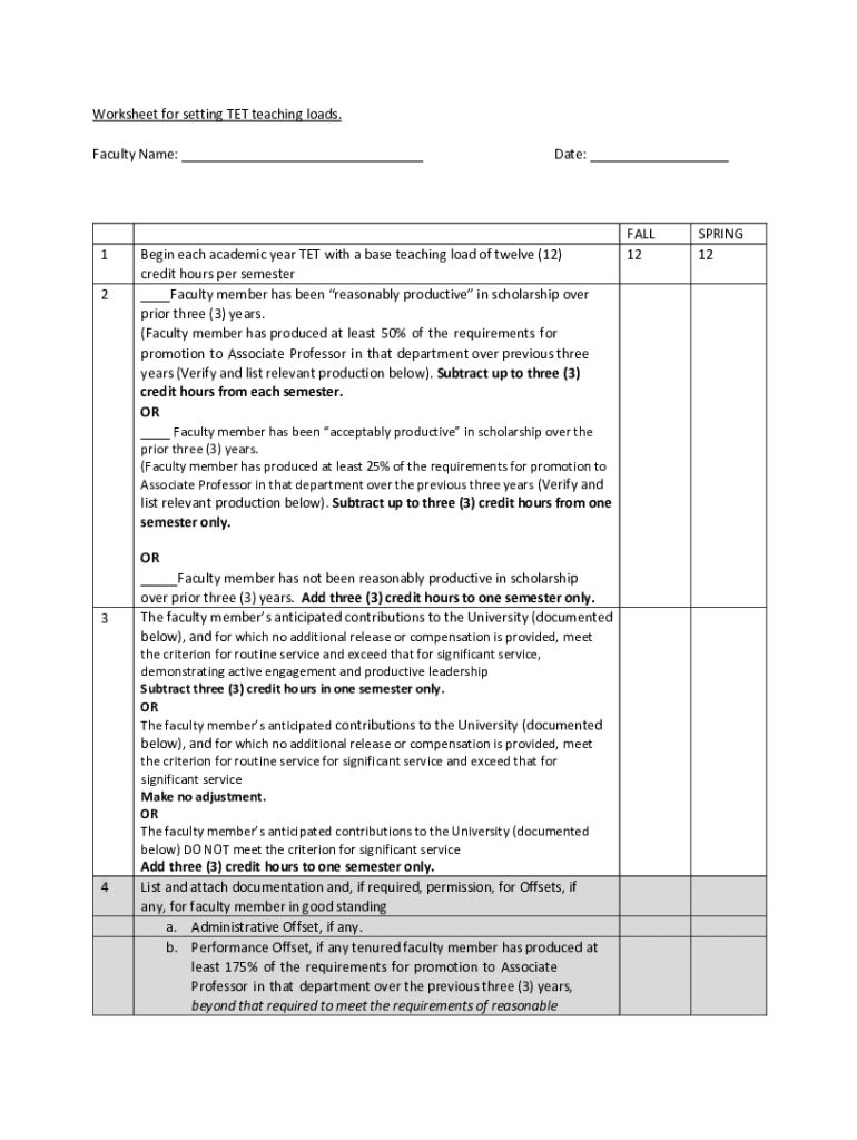 Fillable Online policy wright Worksheet for setting TET teaching loads ...