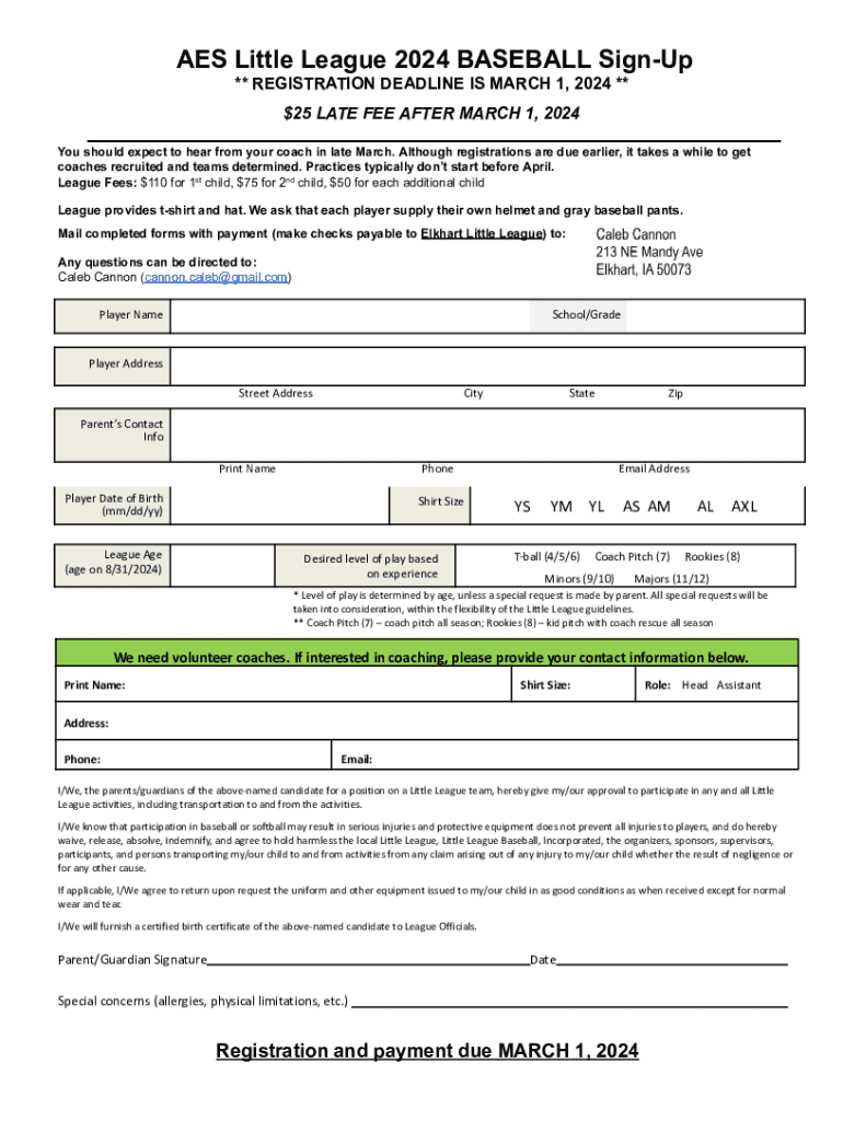 Fillable Online 2024 AES LL Baseball Registration Form Fax Email Print - pdfFiller