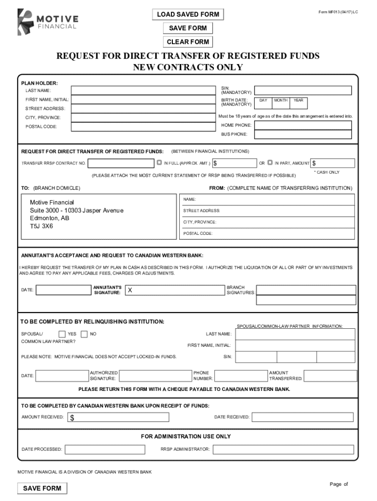 Fillable Online Request for Direct Transfer of Registered Funds New Contracts Only 013 Motive ...