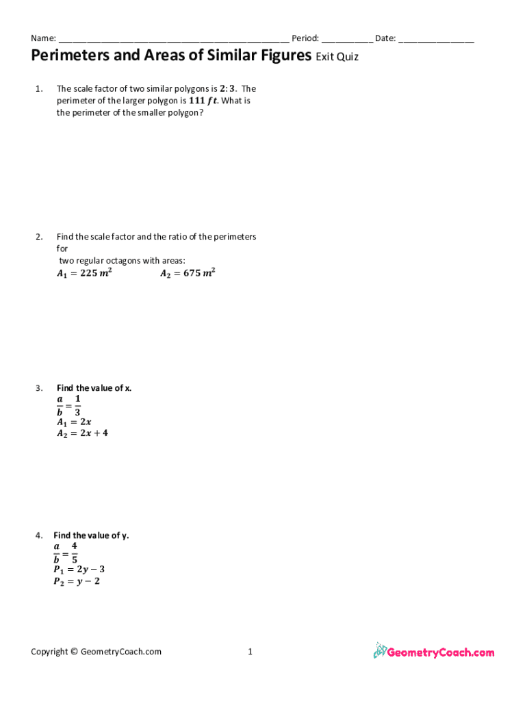 Fillable Online Perimeters and Areas of Similar Figures Exit Quiz Fax ...