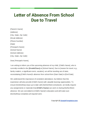 Letter of Absence From School Due to Travel Doc Template | pdfFiller
