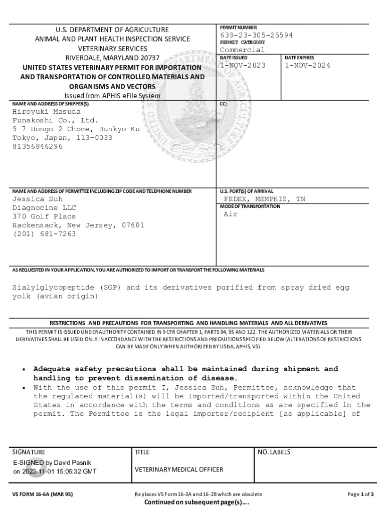 Fillable Online VS Form 16-3 Application for permit to import or transport ... Fax Email Print ...